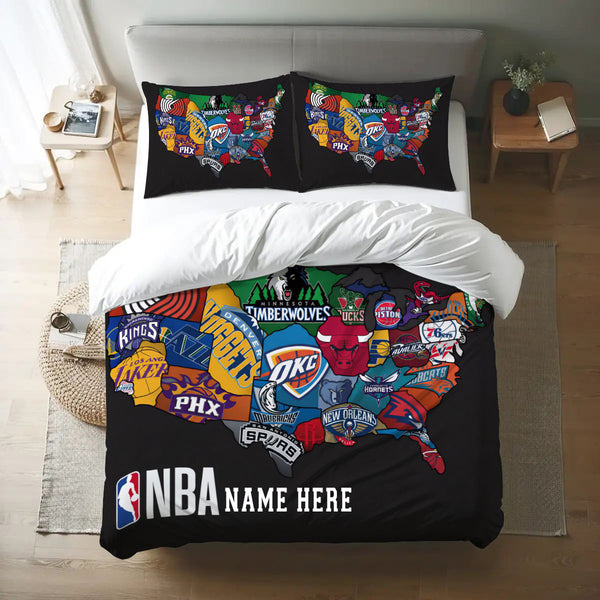 Pro Basketball Team Logo Map Bedding Set – Sports Fan Duvet Cover Bedr ...