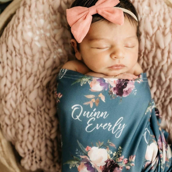 Grae's Dusty Blue Floral Personalized Baby Name Swaddle Blanket – Amor ...
