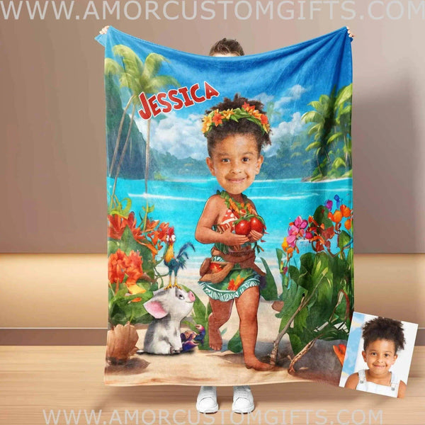 Personalized Black Moana Princess 5 Photo Blanket | Custom Name & Face ...