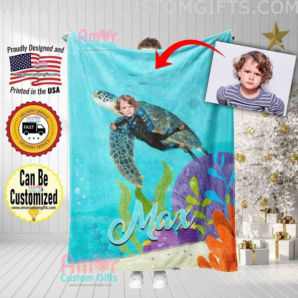 Personalized Giant Sea Turtle Blanket | Custom Face & Name Boy Sea ...
