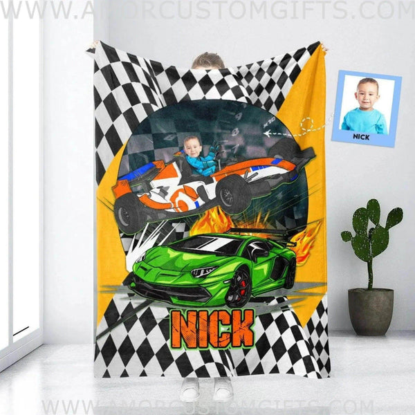 Personalized Racing Car Boy Blanket | Custom Face & Name Vehicle Boy ...