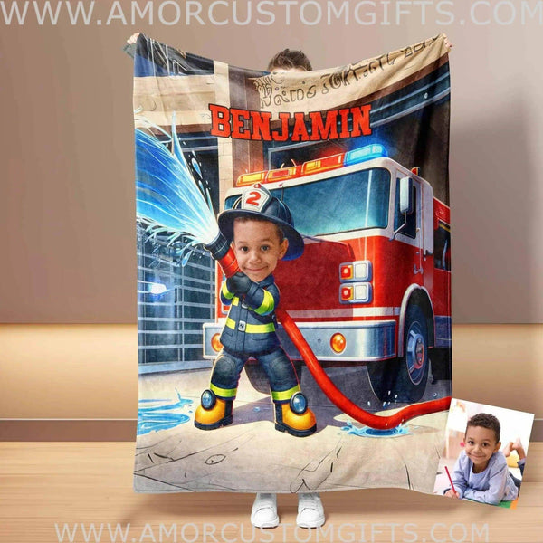 Personalized Sam Truck Fireman 1 Boy Blanket | Custom Face & Name ...