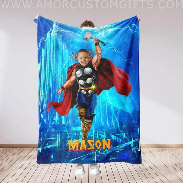 Personalized Superhero Thor In City War Blanket | Custom Face & Name ...