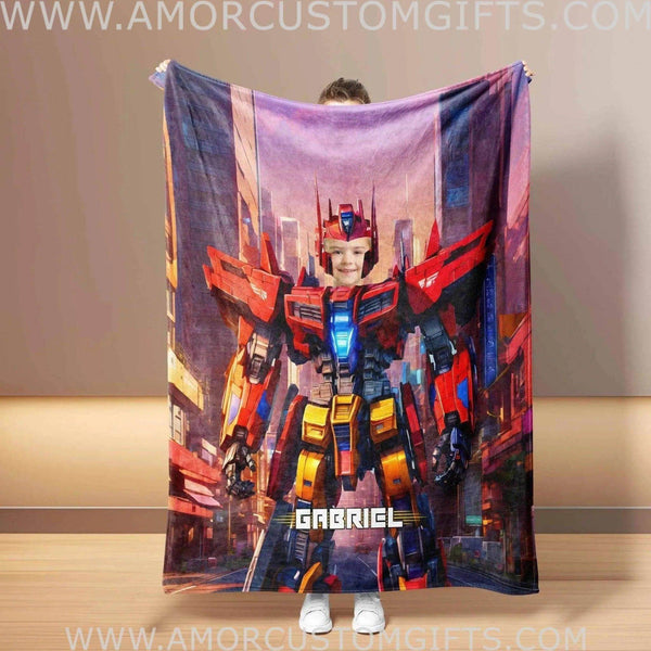 Personalized Superhero Transform Auto Robot 4 Blanket | Custom Face ...